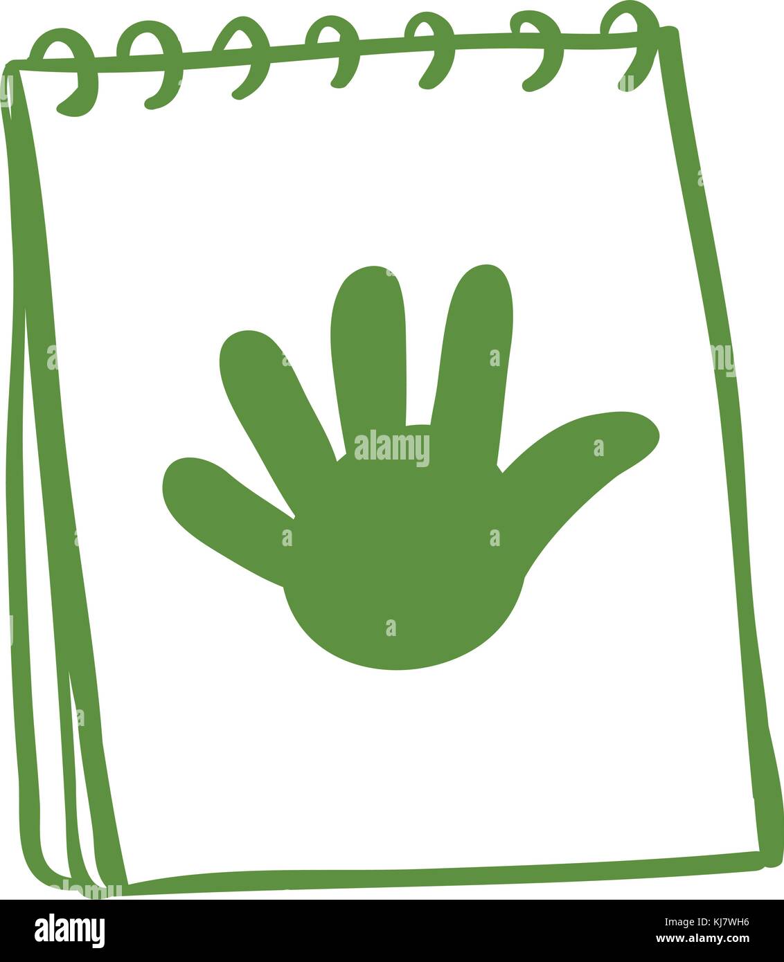 Illustration of a green notebook with a drawing of a hand on a white ...