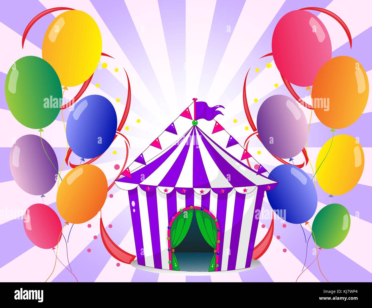 Illustration of the colorful balloons near the violet circus tent Stock ...