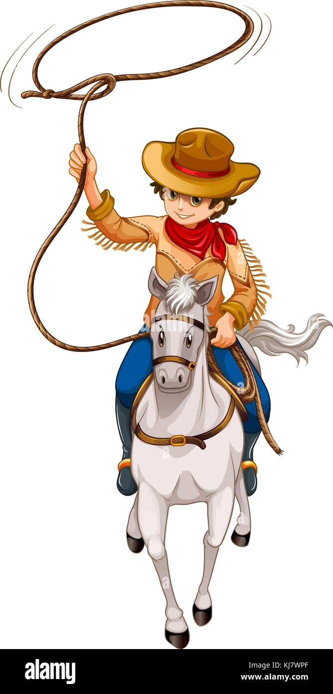Illustration of a boy riding a horse with a hat and a rope on a white ...