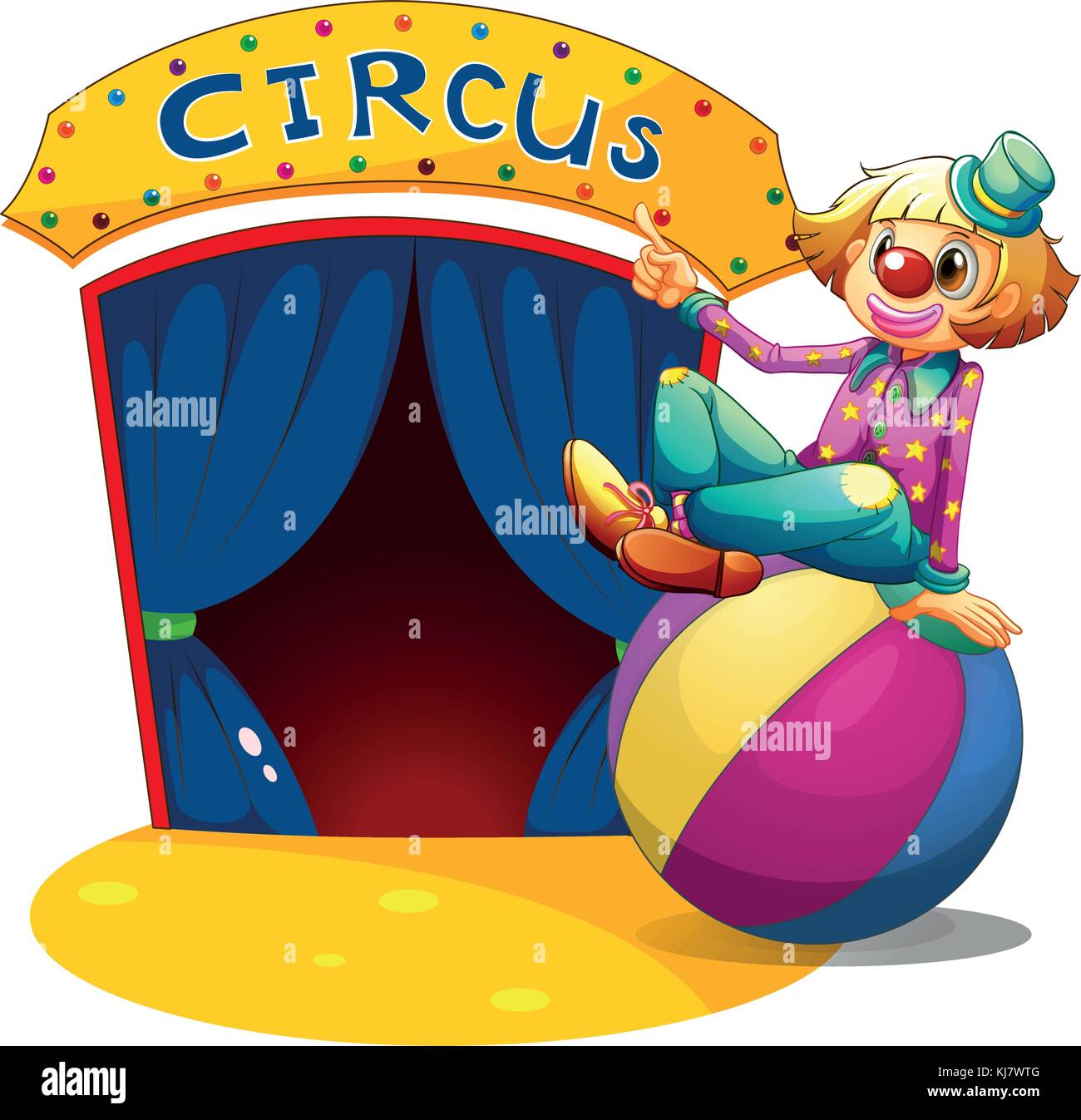 Illustration of a clown sitting at the top of a ball pointing the ...