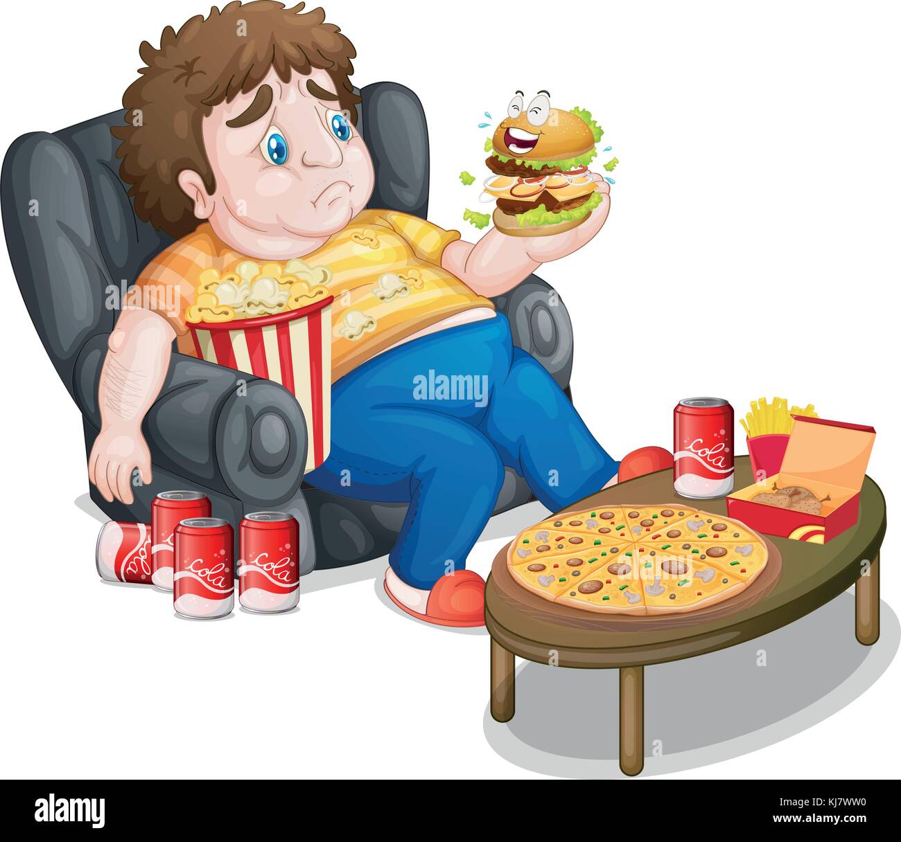 Illustration of a fat boy in front of a lots of foods on a white ...