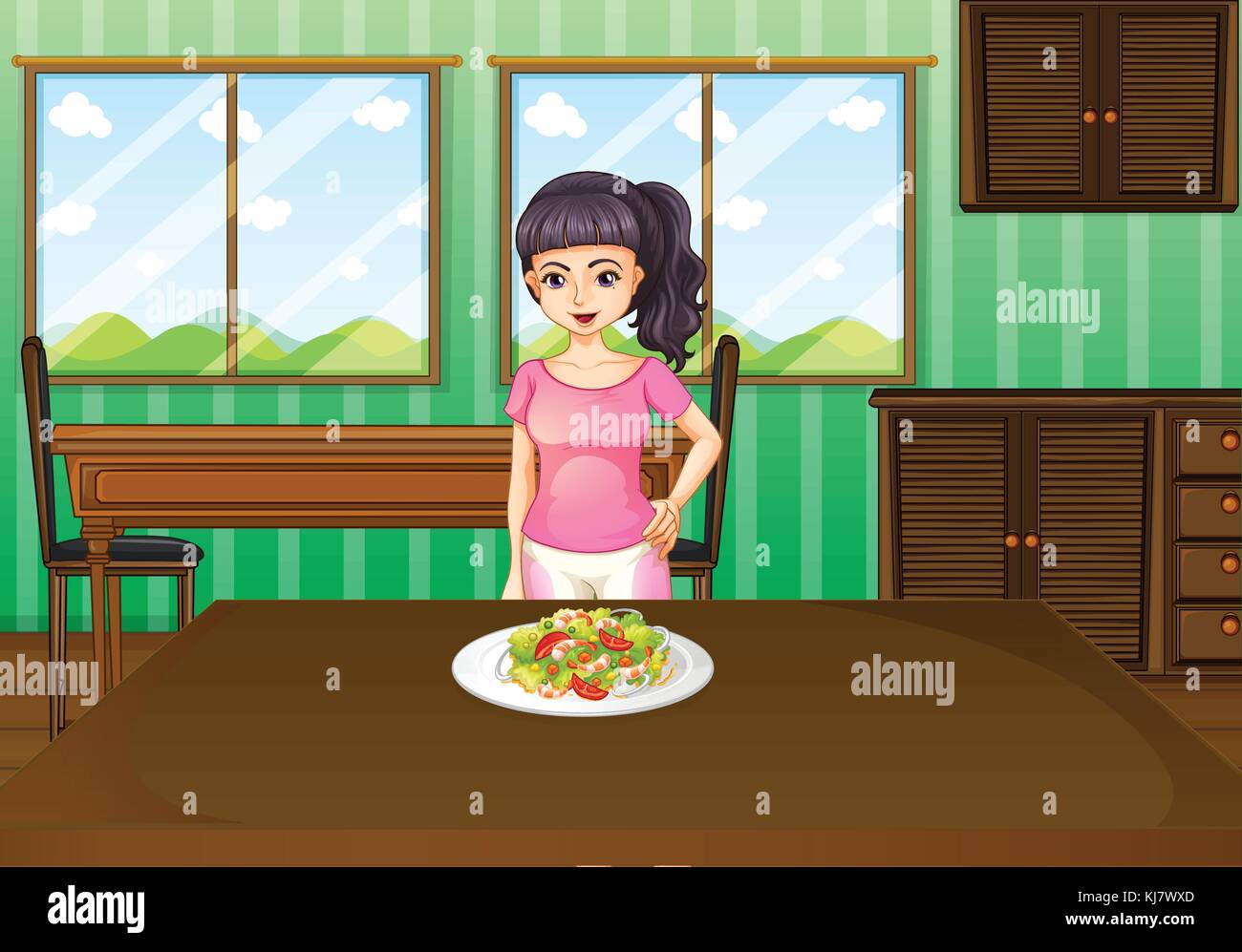 Illustration of a woman standing in front of a table with food Stock ...