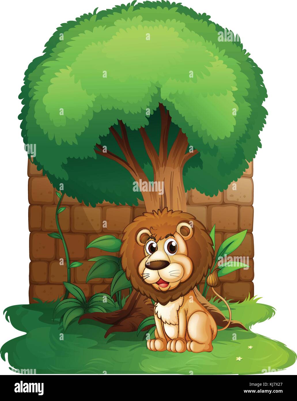 Illustration of a lion under a big old tree on a white background Stock ...