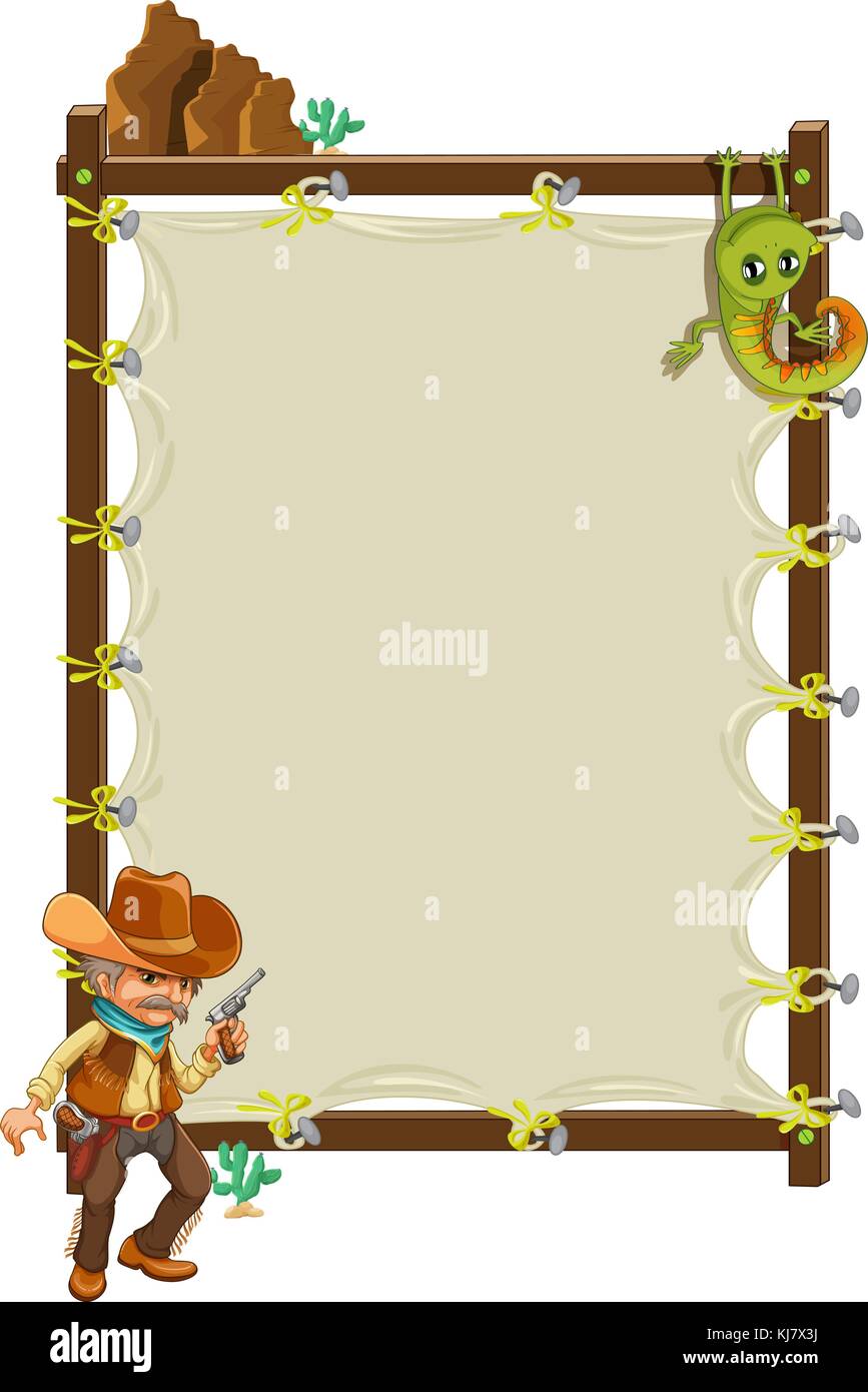 Illustration of a cowboy infront of an empty framed banner on a white ...