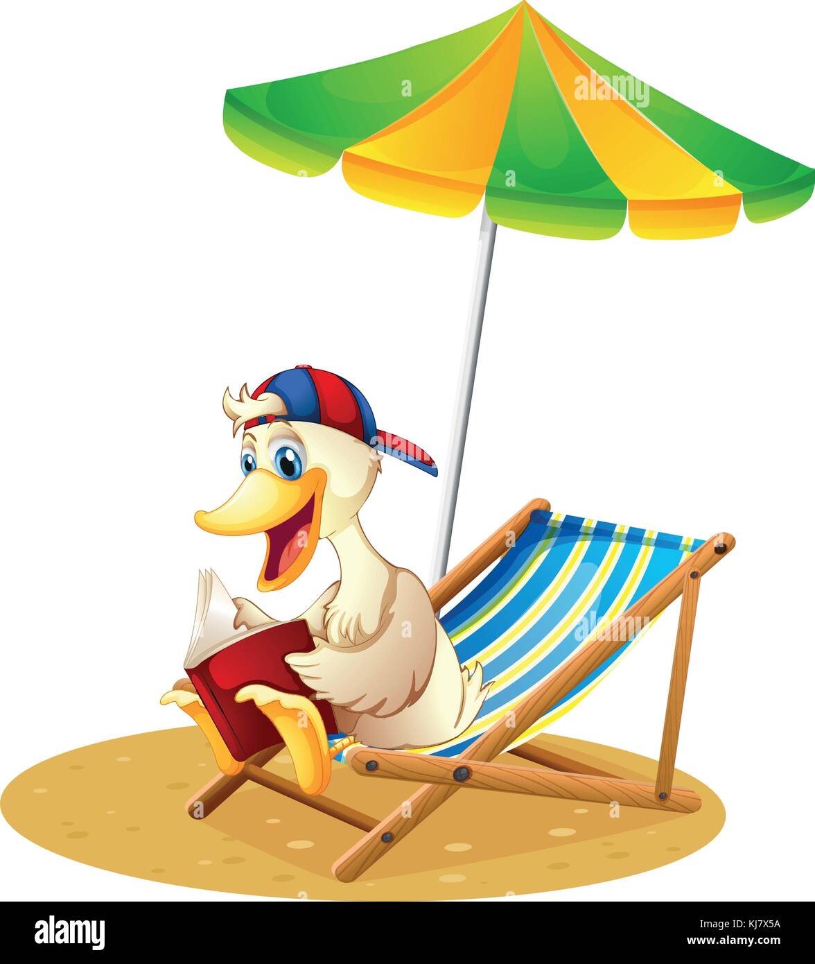Illustrarion of a duck reading at the beach on a white background Stock ...