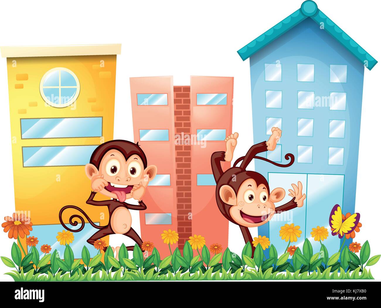 Illustration of the two monkeys dancing in front of the buildings on a ...