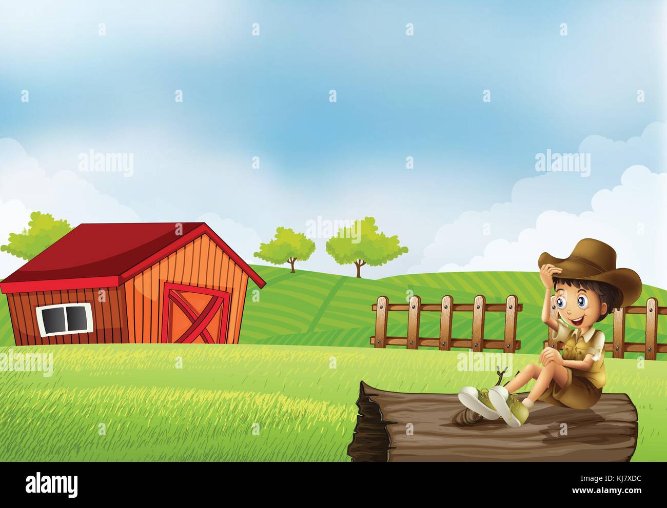 Illustration of a boy at the farm sitting in the wood with a wooden ...