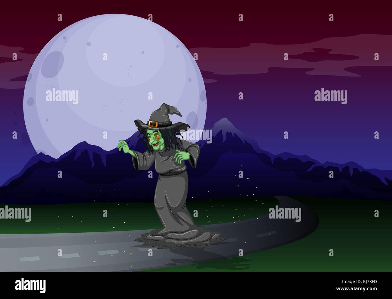 Illustration of a witch at the road in the middle of the night Stock ...