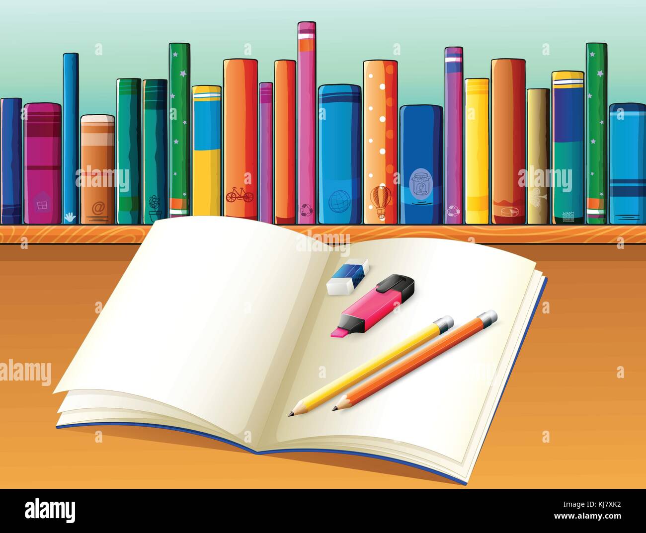 Illustration of an empty open book in front of a shelf full of books ...