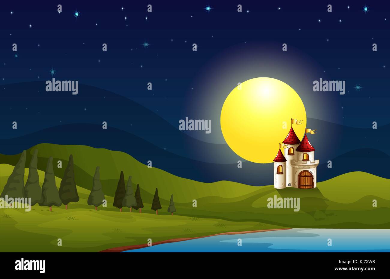 Illustration of a castle at the hill under a bright moon Stock Vector ...