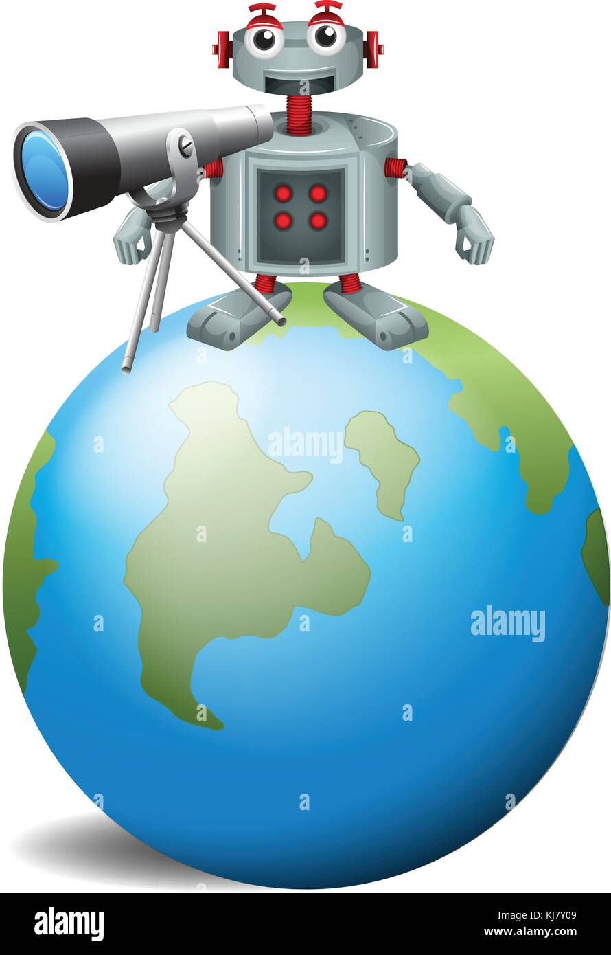 Illustration of a robot with a telescope above the planet earth on a ...