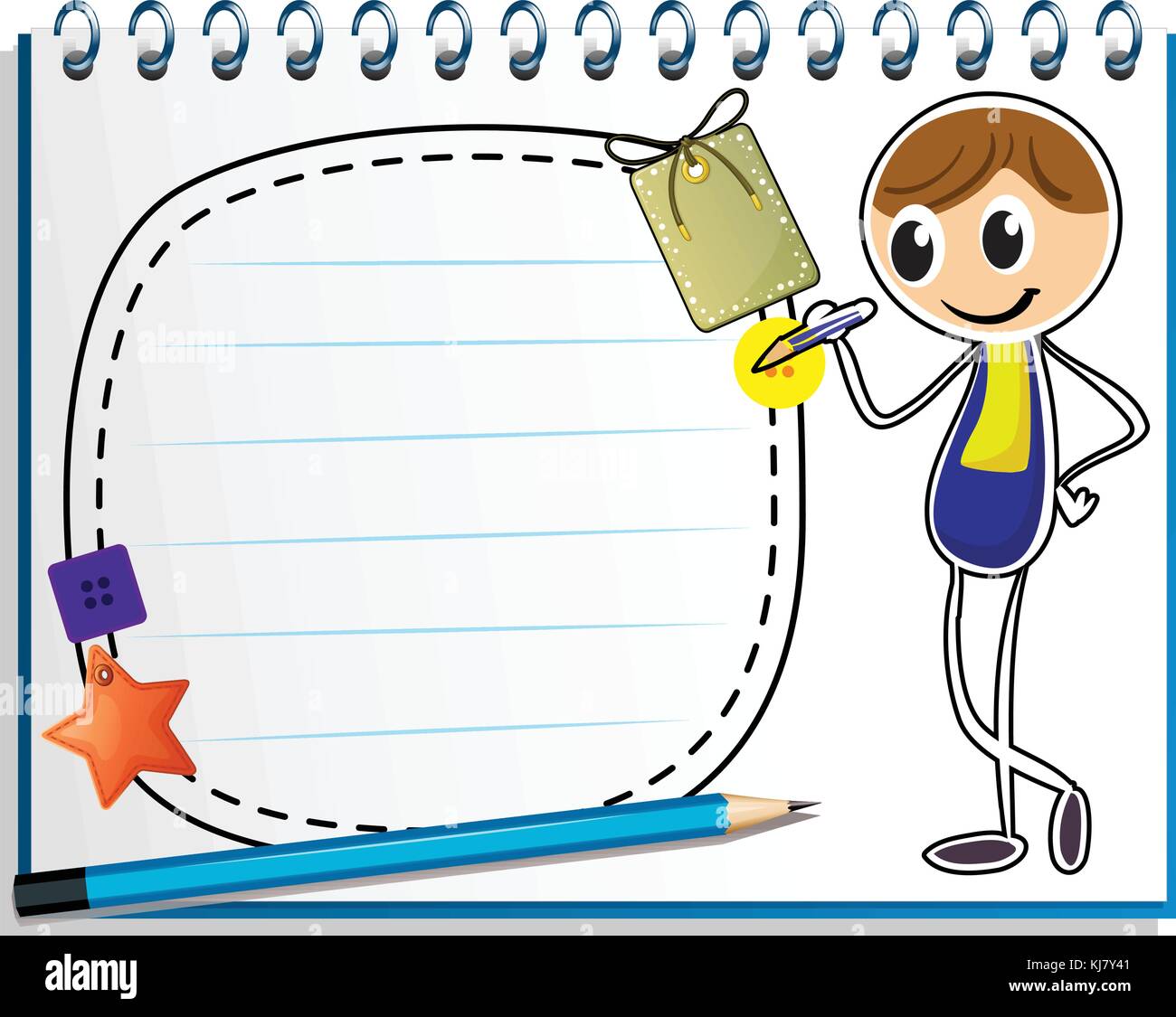 Illustration of a notebook with an image of a boy writing on a white ...