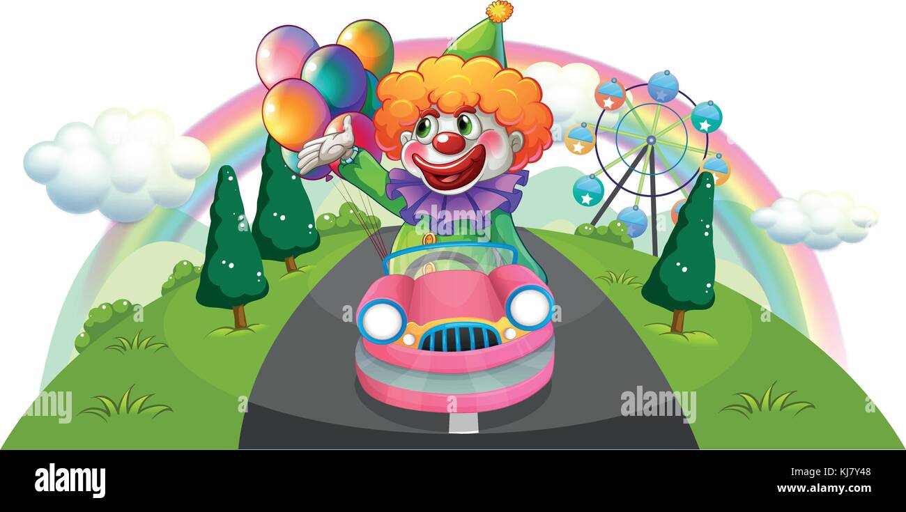 Illustration of a happy clown riding in a pink car on a white ...