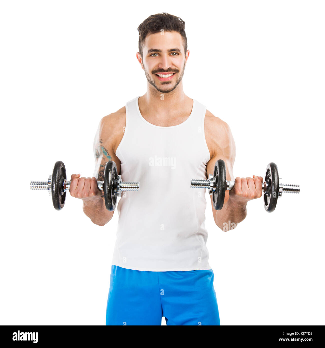 Portrait of a muscular man lifting weights, isolated over a white ...