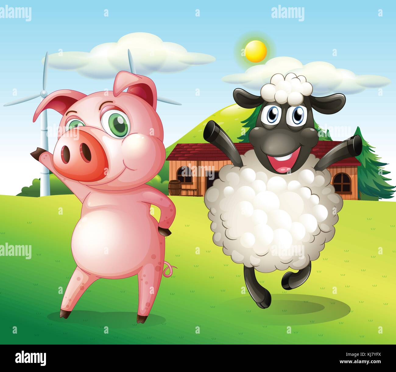 Illustration of a pig and a sheep dancing at the farm with a windmill ...