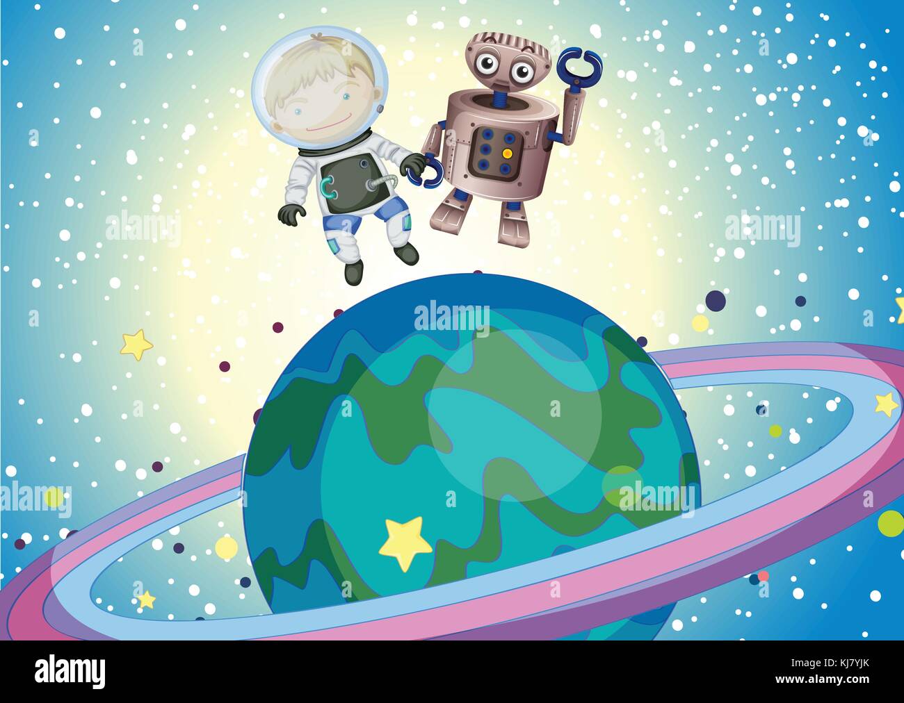 Illustration of a boy and a robbot in the outer space Stock Vector ...