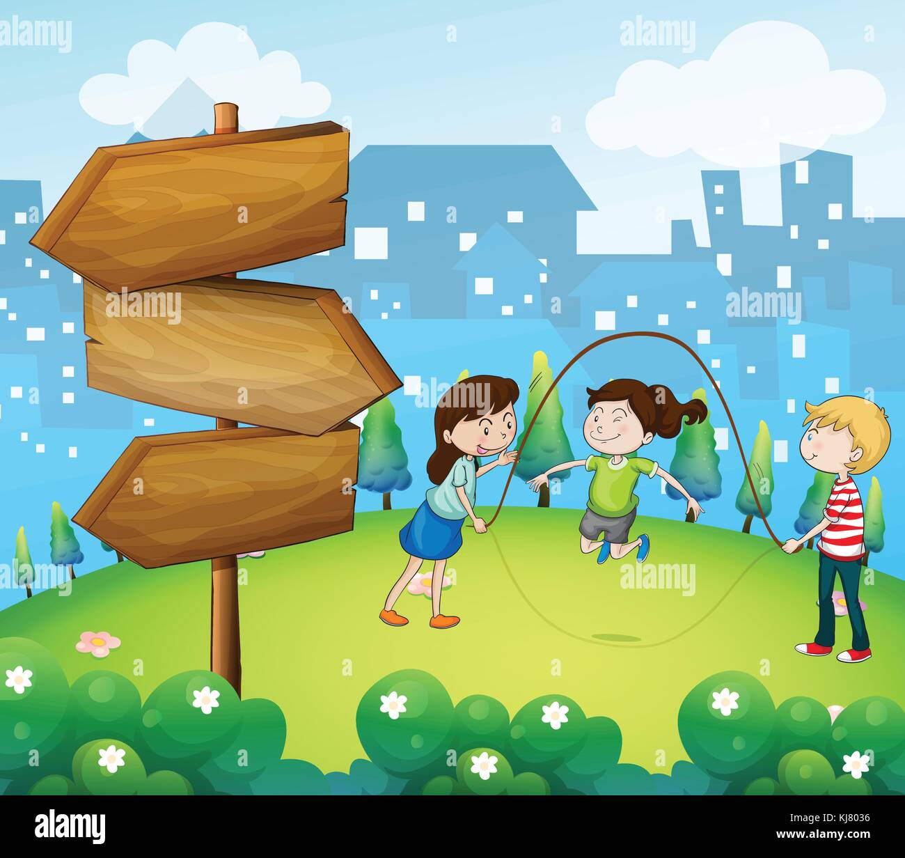 Illustration of the three kids playing in the garden with wooden arrows ...