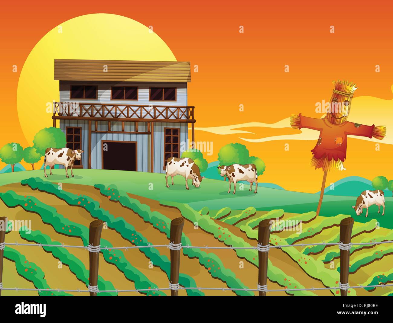 Illustration of a farm with cows and a scarecrow Stock Vector Image ...