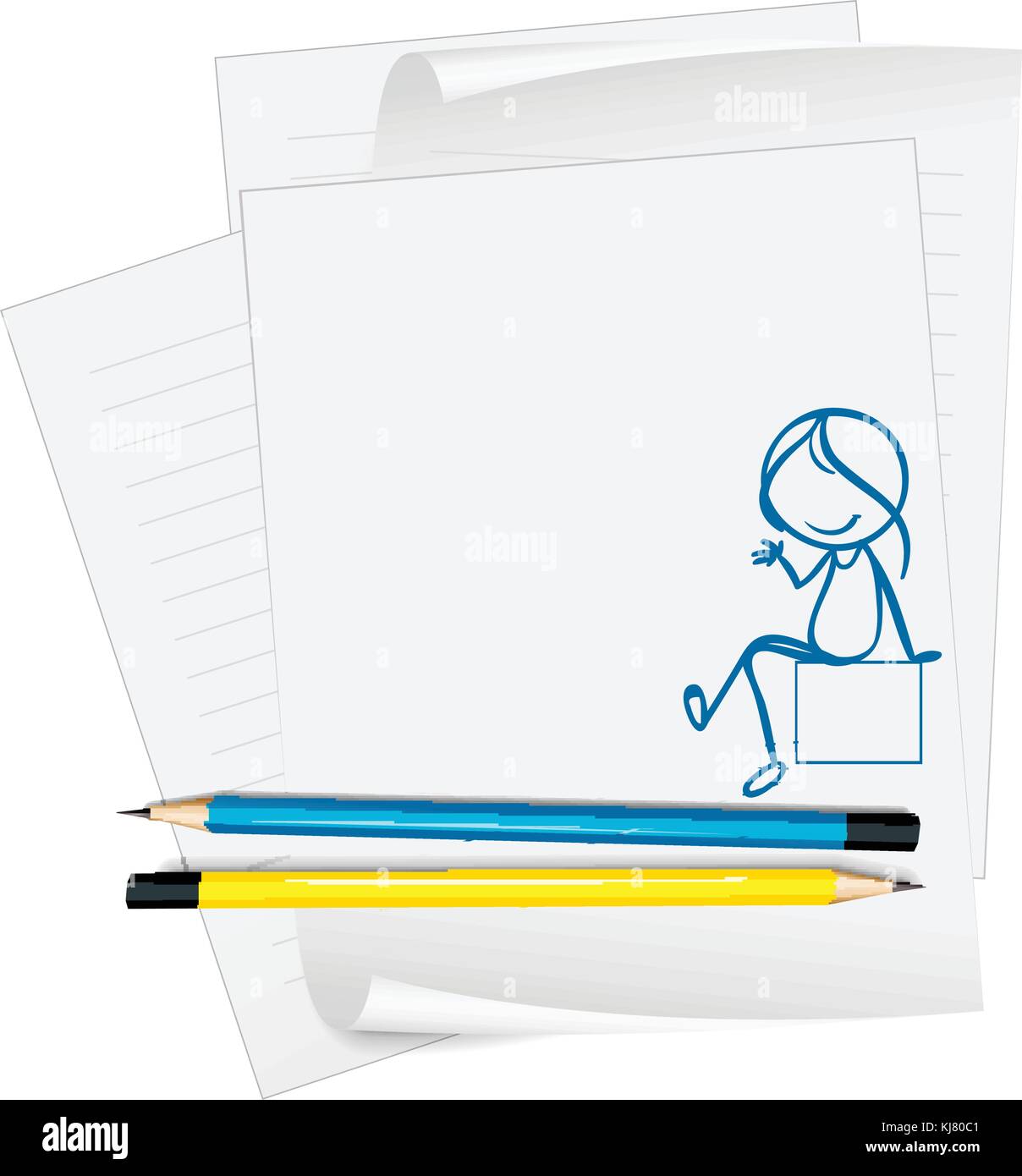 Illustration of a paper with a sketch of a girl sitting down on a white ...