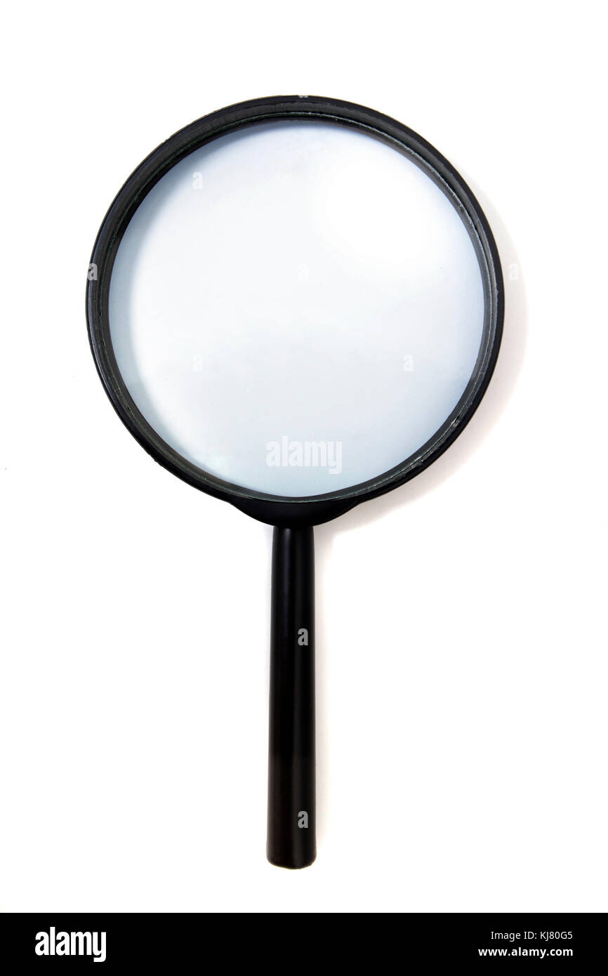 Close up view of a magnifying glass isolated on a white background ...