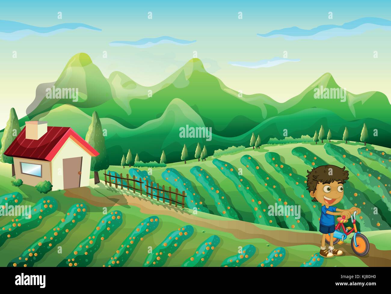 Illustration of a boy with a bike at the farm Stock Vector Image & Art ...
