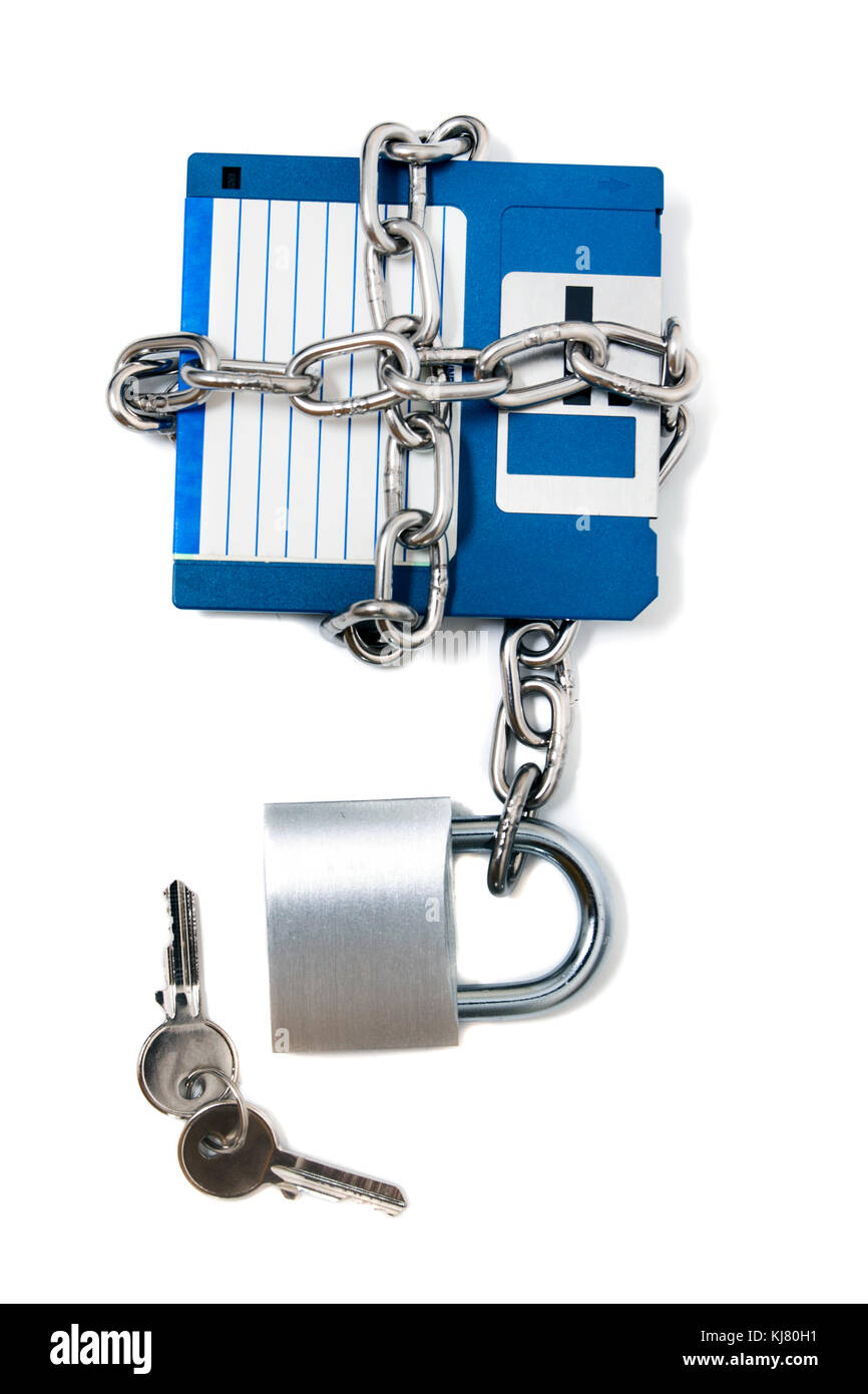 padlock with floppy disk and chain isolated on a white background Stock ...