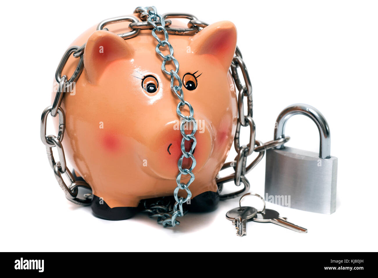 Close up view of a cute pink piggy bank with lock isolated on a white ...