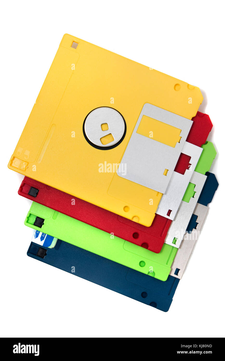 Pile of colorful computer floppy disks isolated on a white background ...