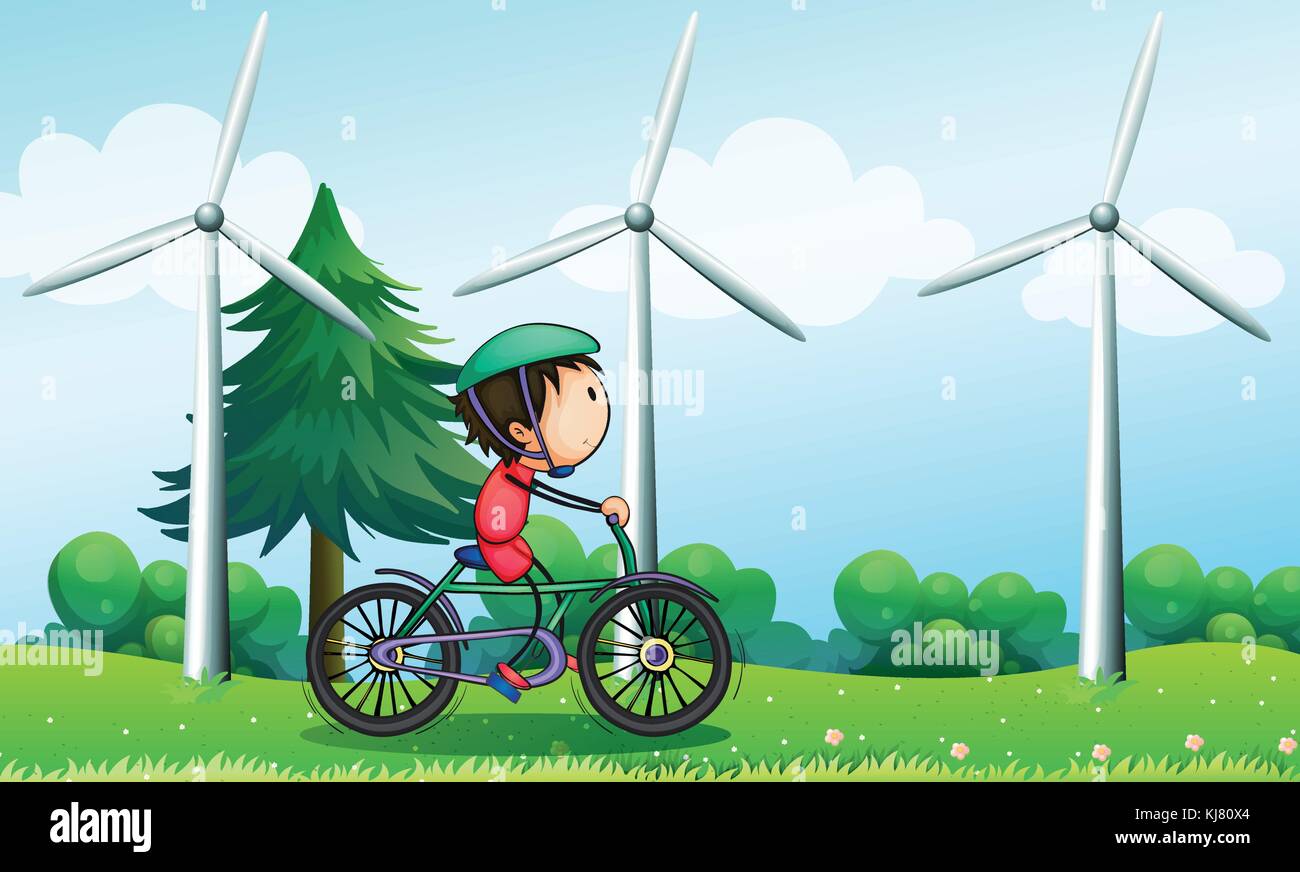 Illustration of a boy riding with his bike near the windmills Stock ...