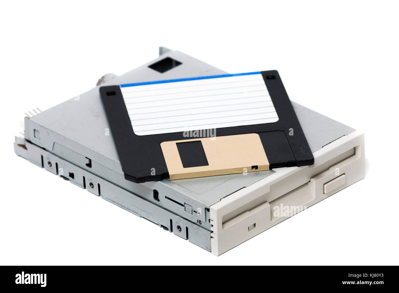 Closeup view of a computer floppy drive, isolated on a white background ...