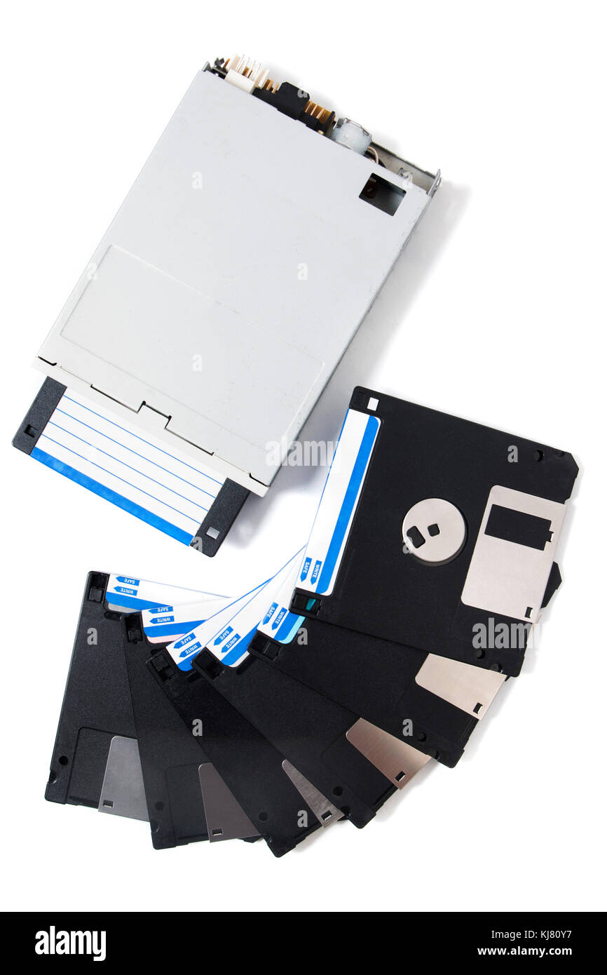 Closeup view of a computer floppy drive, isolated on a white background ...