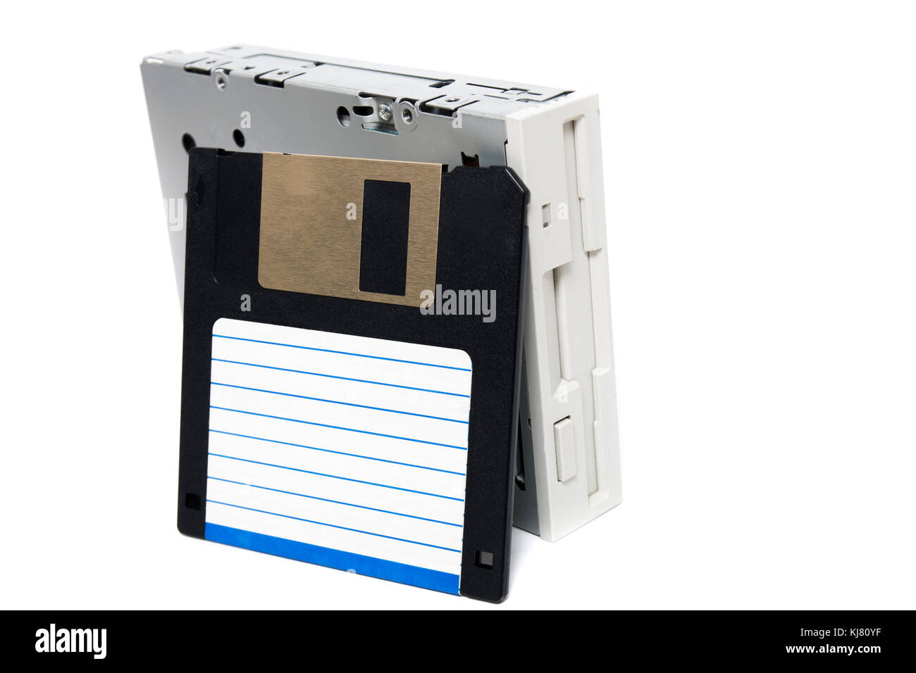 Closeup view of a computer floppy drive, isolated on a white background ...