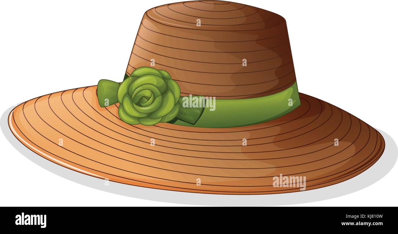 Illustration of a brown hat with a green ribbon on a white background ...