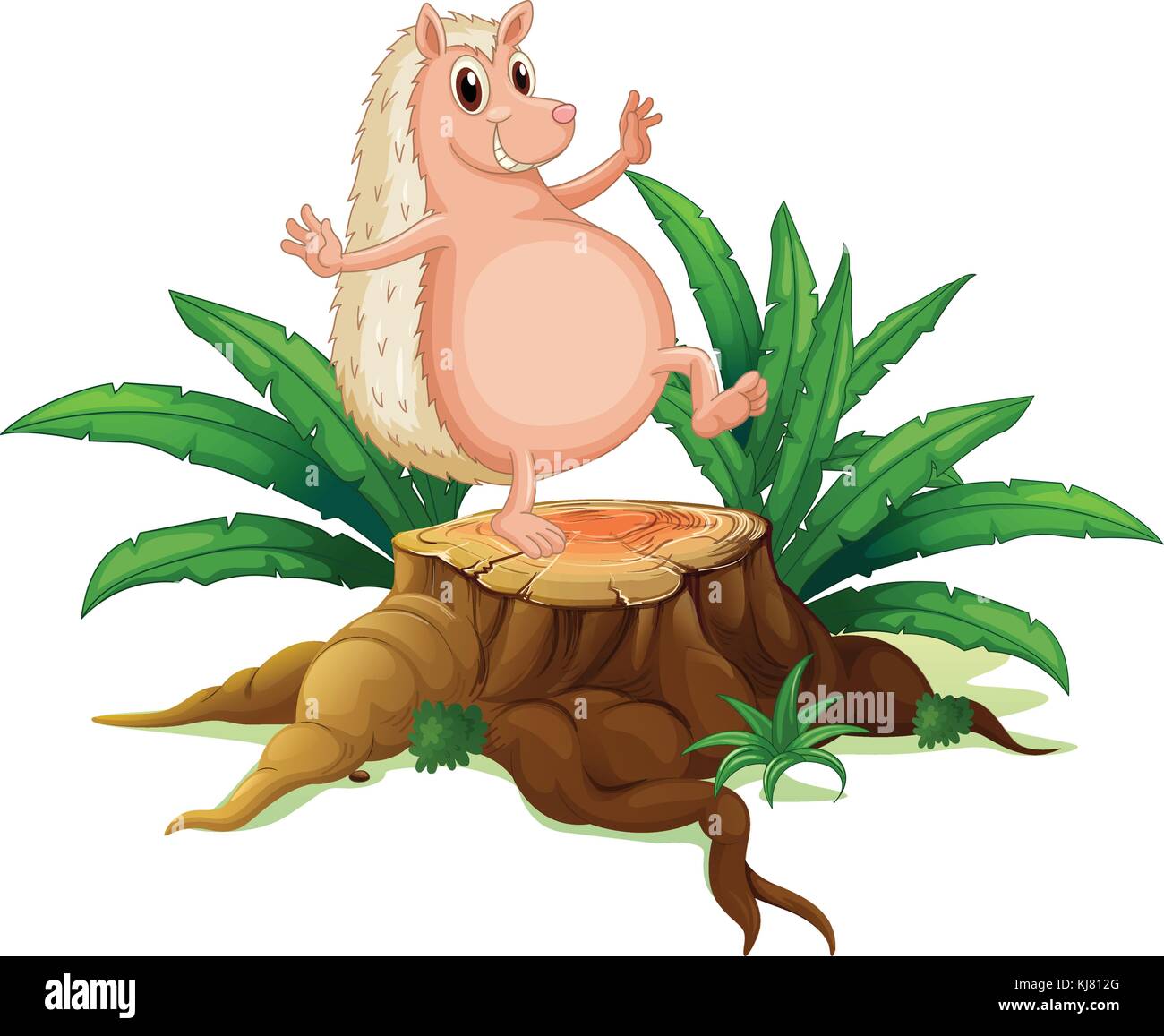 Illustration of a molehog standing on the stump with leaves on a white ...