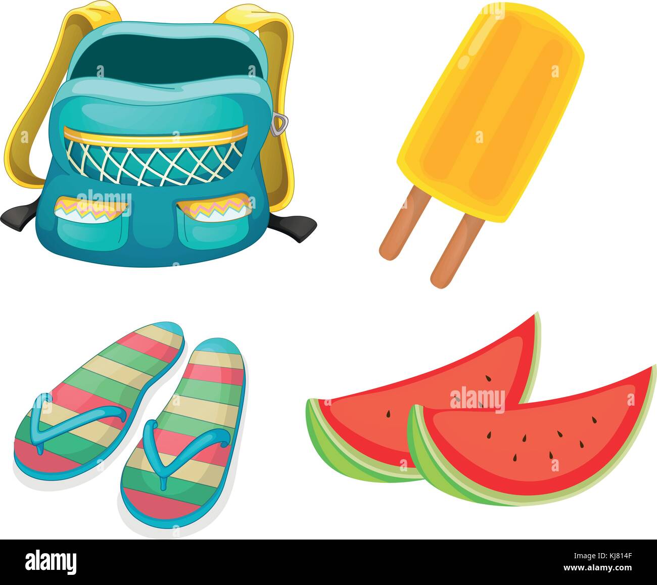 Illustration of a backpack, a pair of slippers and foods for ...
