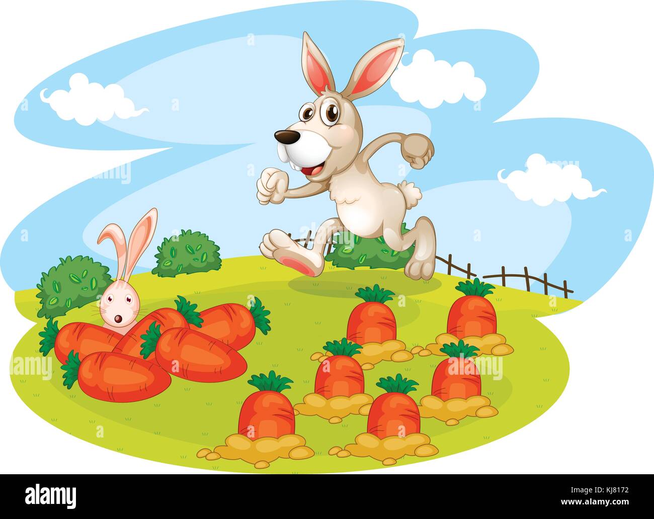 Illustration of a bunny running along the garden with carrots on a ...