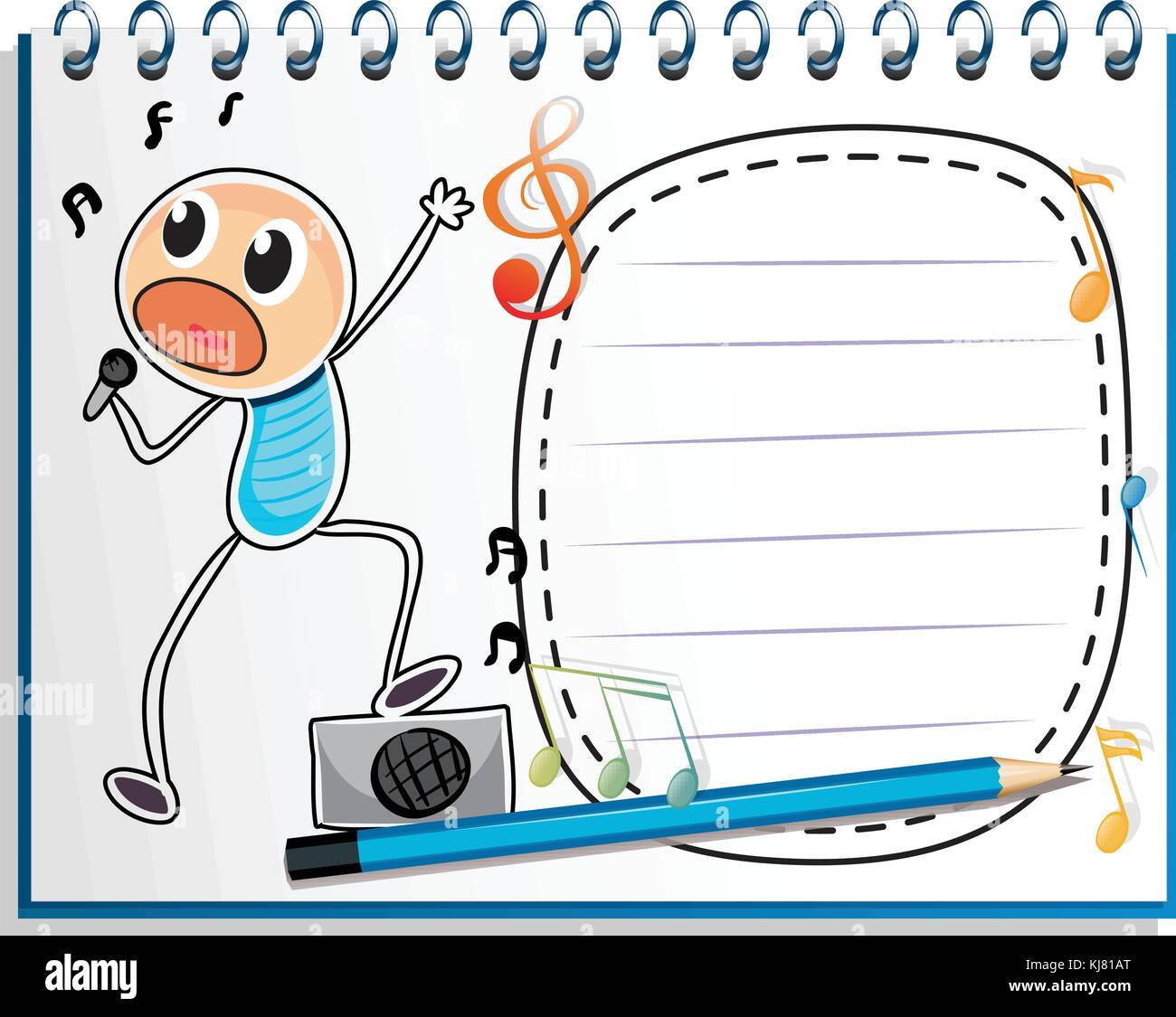 Illustration of a notebook with a drawing of a boy singing on a white ...