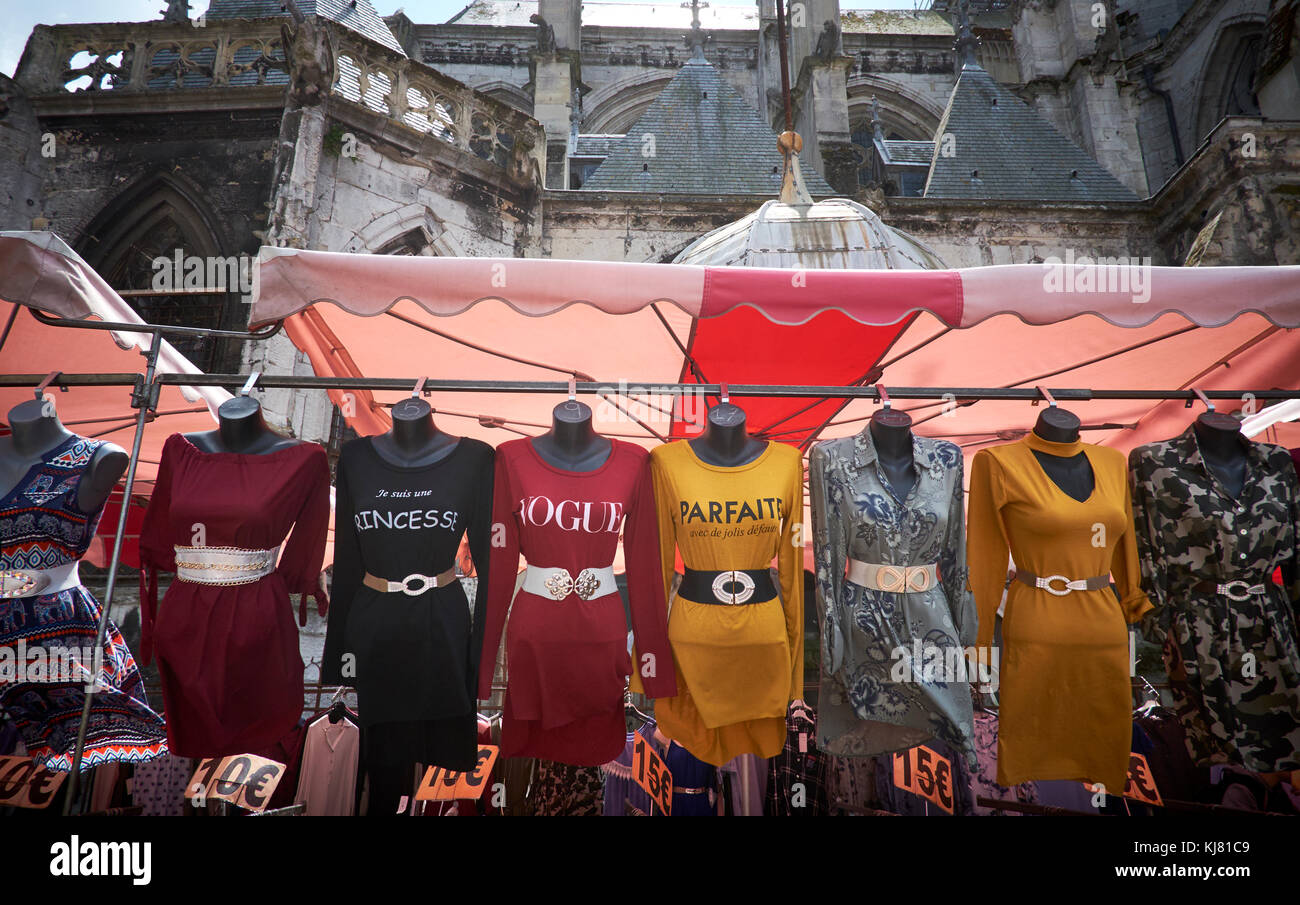 Female dummies on the Dieppe market with the St Jacques Church on the ...
