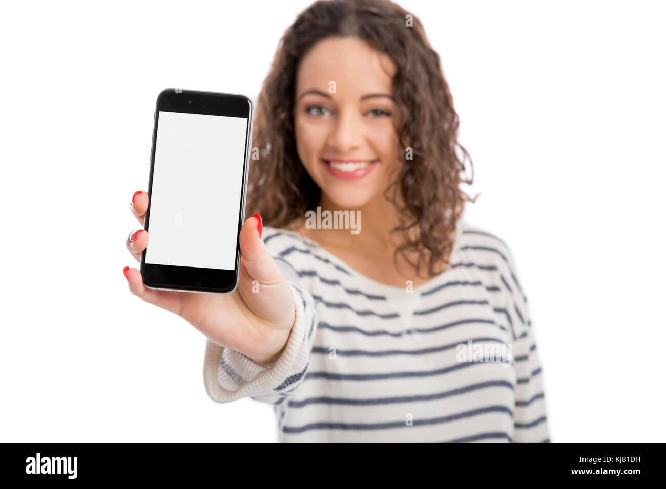 Woman showing her smartphone Stock Photo - Alamy