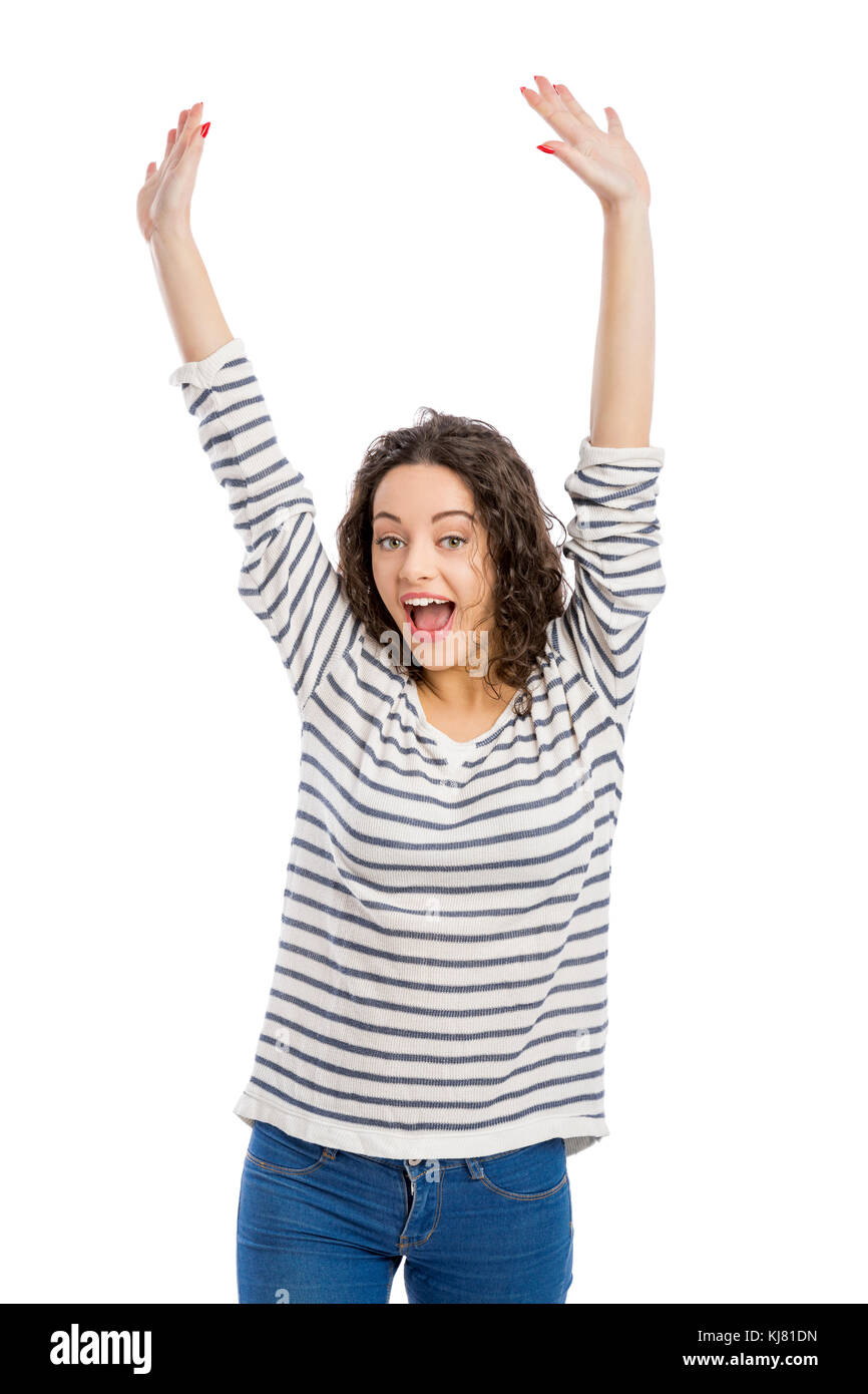 Beautiful and happy woman with both arms, isolated over white ...
