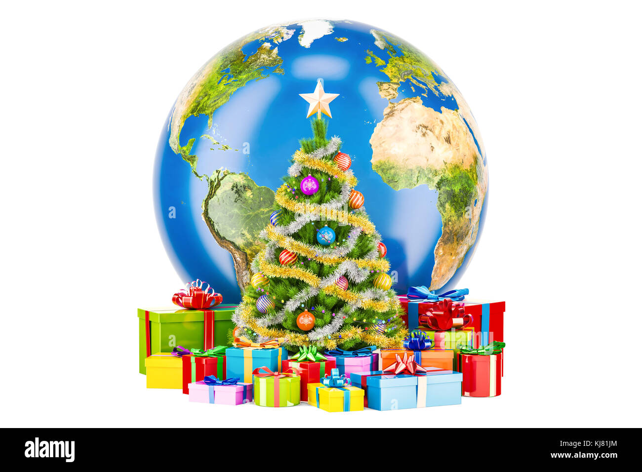 Global Christmas and New Year concept, Earth globe with gift boxes ...