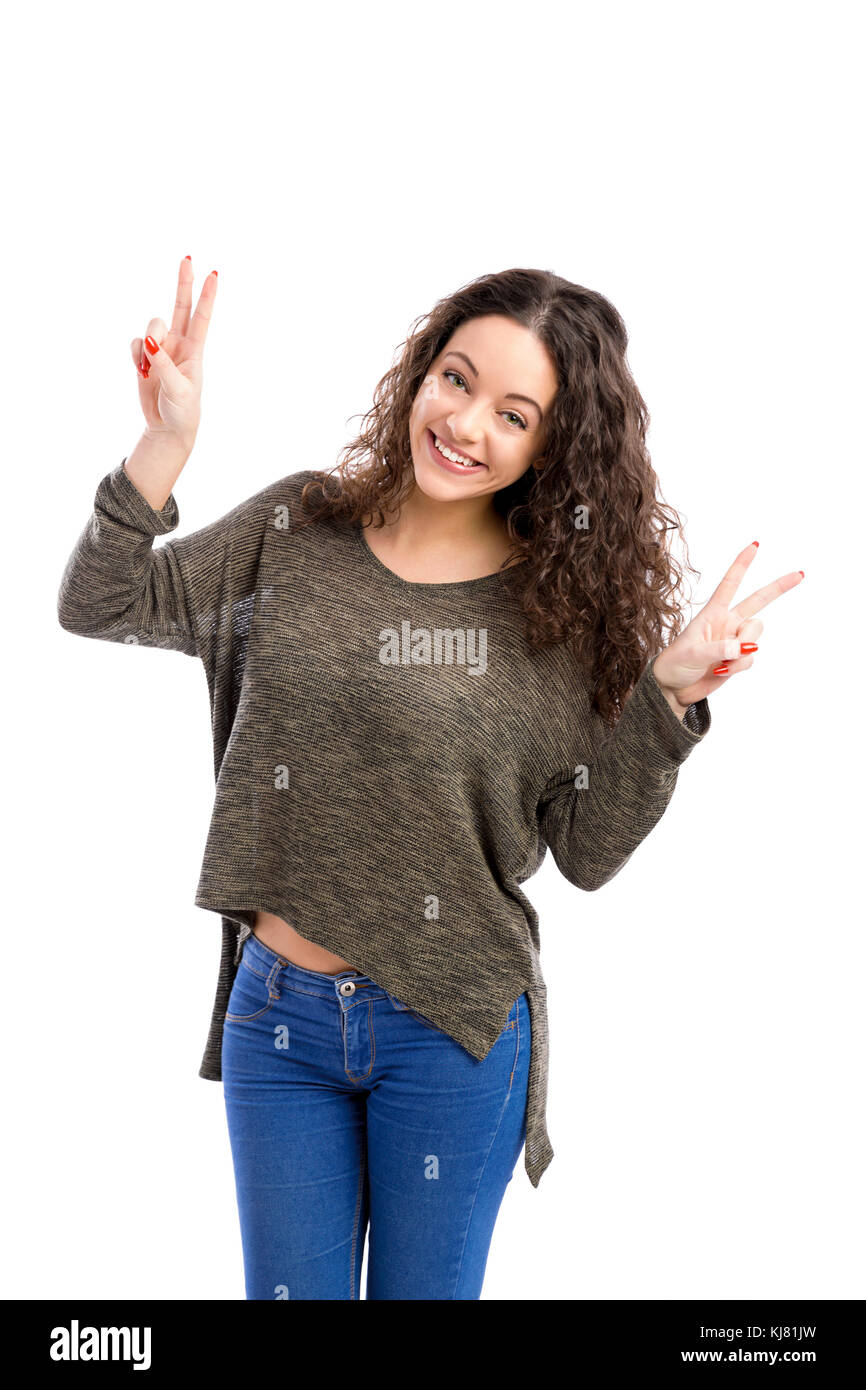 Beautiful and happy woman, isolated over white background Stock Photo ...