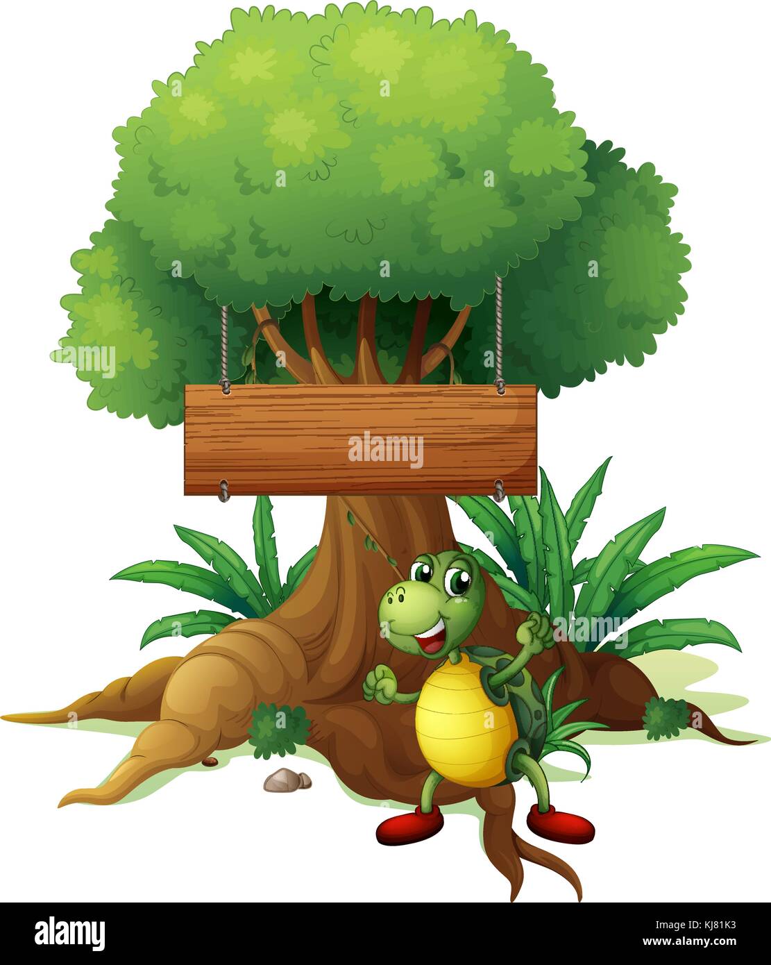 Illustration of a turtle under the big tree with a wooden signboard on ...