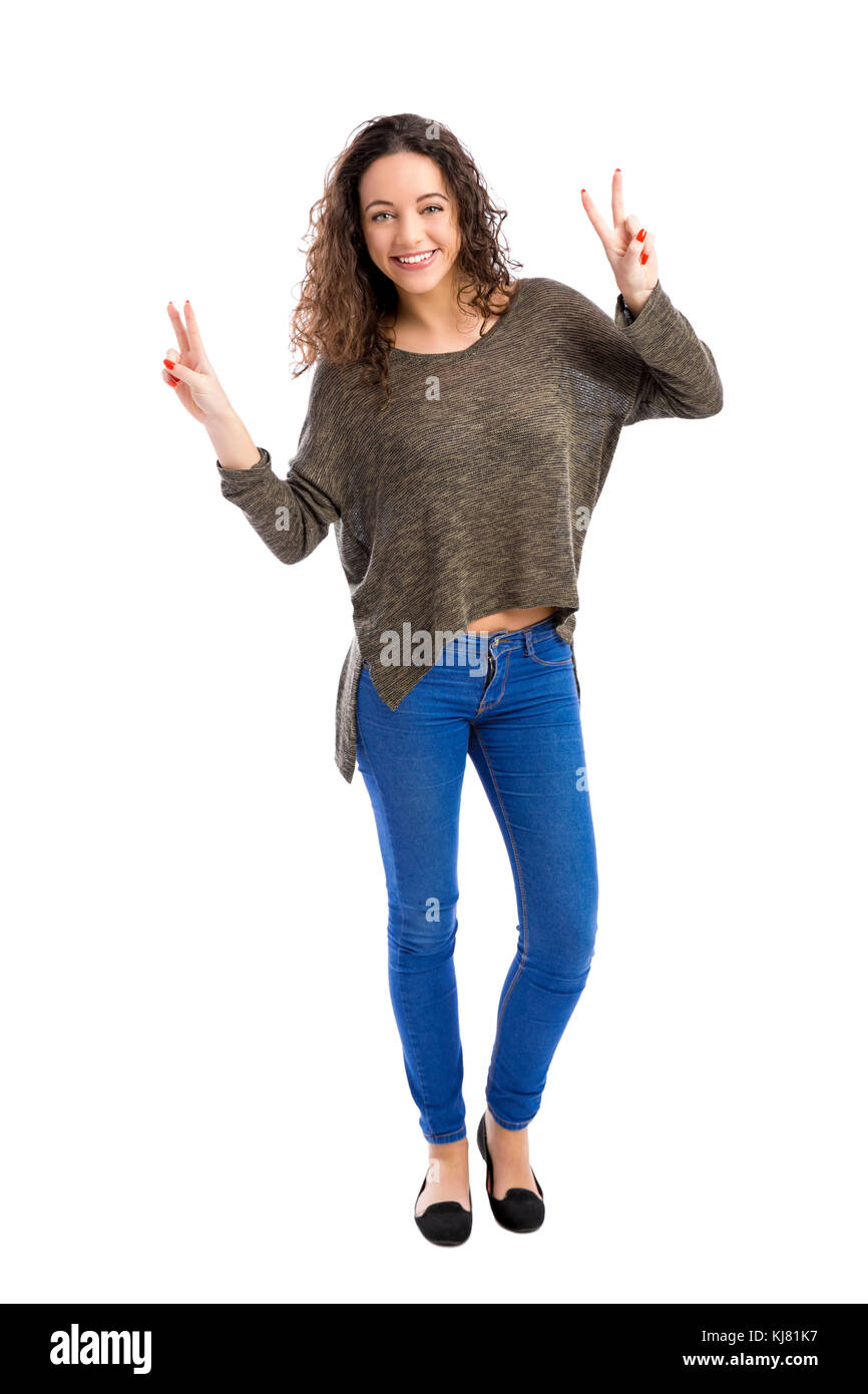 Beautiful and happy woman, isolated over white background Stock Photo ...