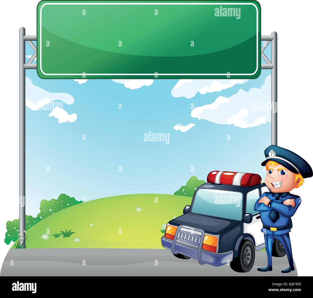 Illustration of a policeman with his patrol car near the signage Stock ...