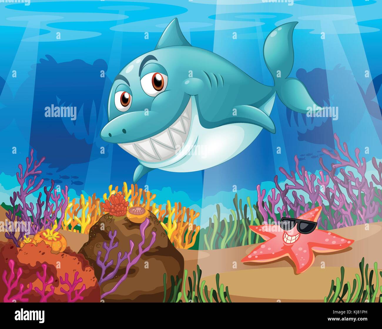 Illustration of a shark and a starfish under the water Stock Vector ...