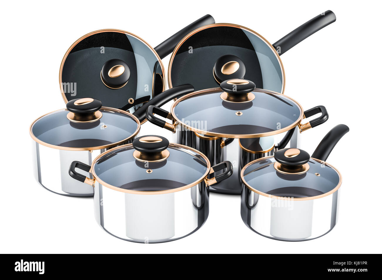 Set of cooking stainless steel kitchen utensils and cookware. Pots and ...