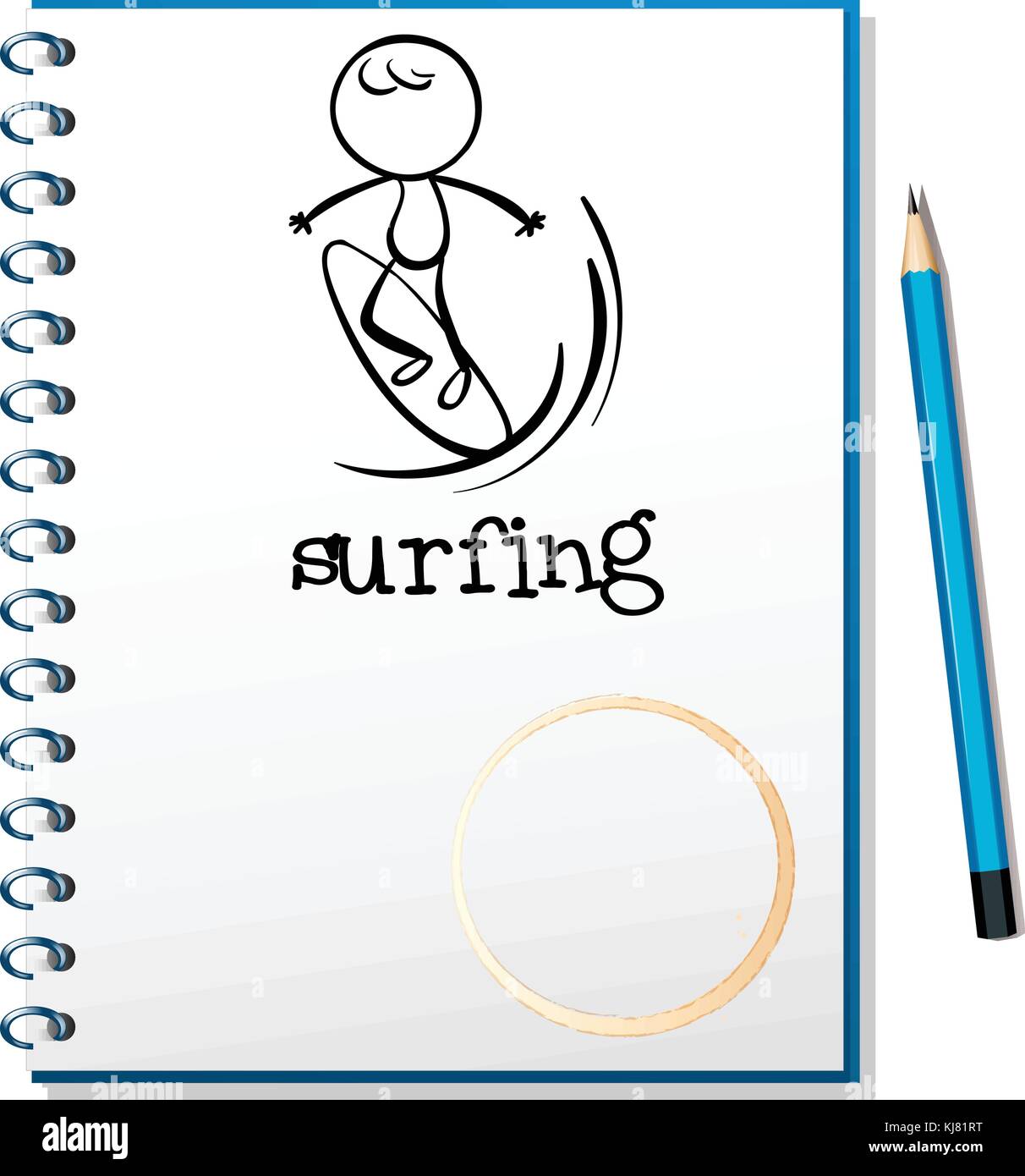 Illustration of a notebook with a sketch of a man surfing on a white ...