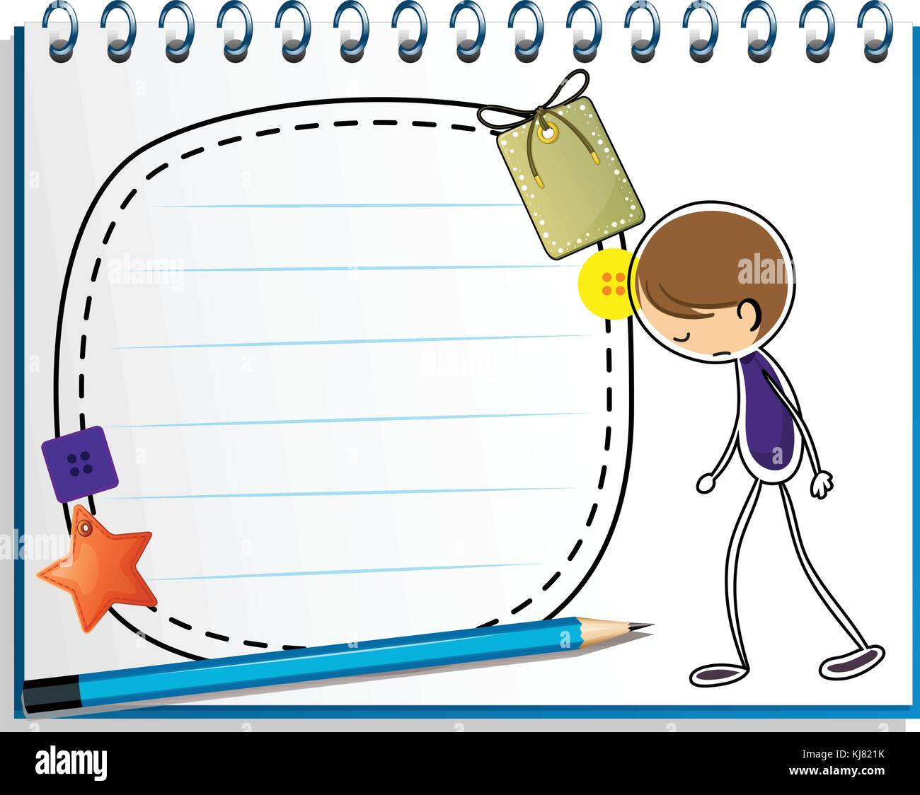 Illustration of a notebook with a sketch of a sad boy on a white ...