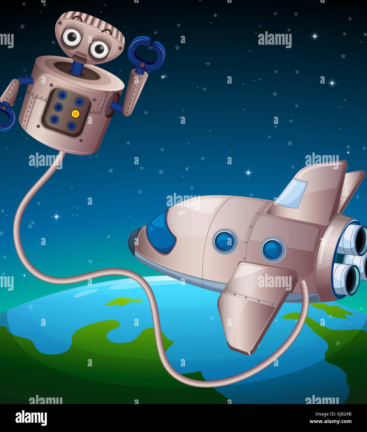 Illustration of a robot and an aircraft at the outerspace Stock Vector ...